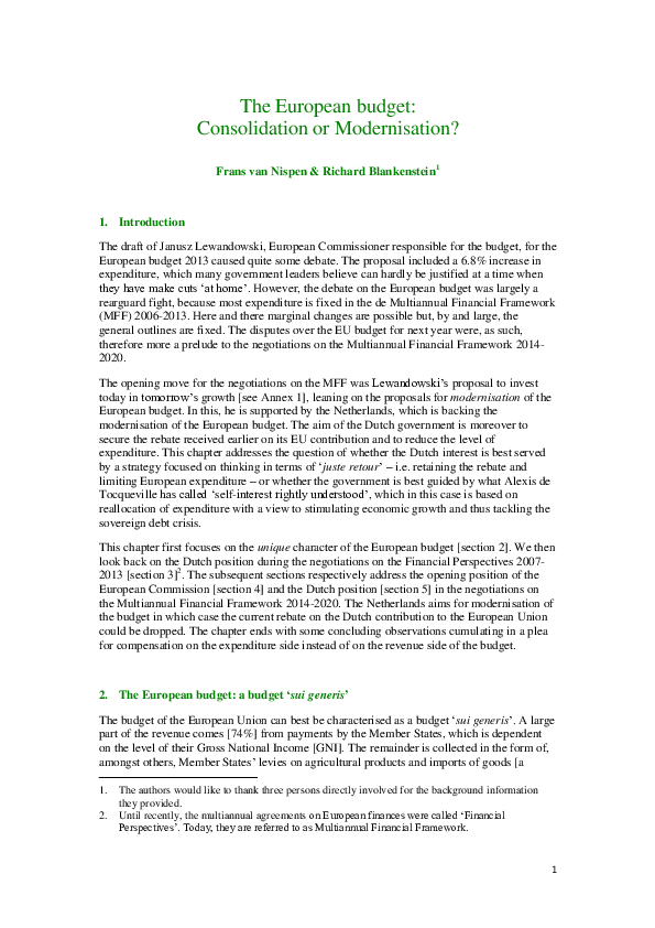 (PDF) The European Budget: Consolidation or Modernisation?