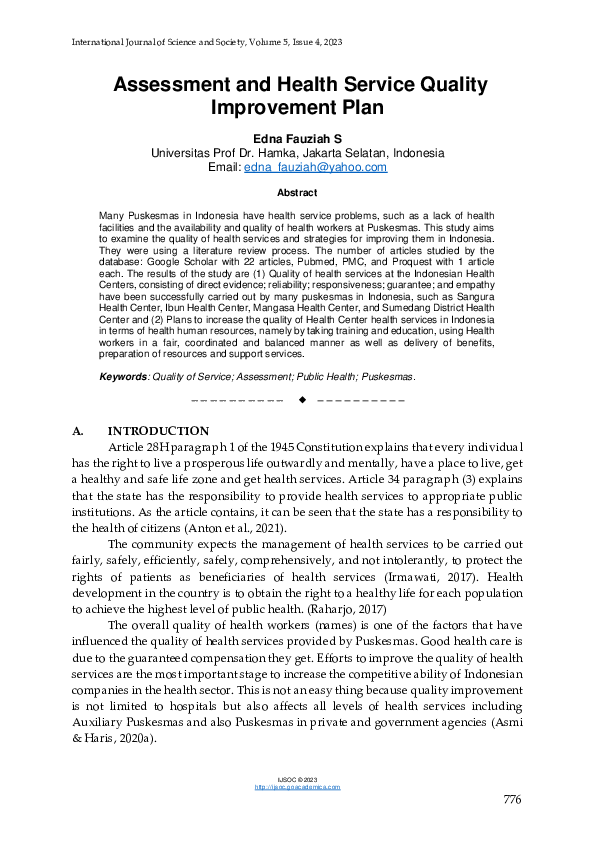 (PDF) Assessment and Health Service Quality Improvement Plan