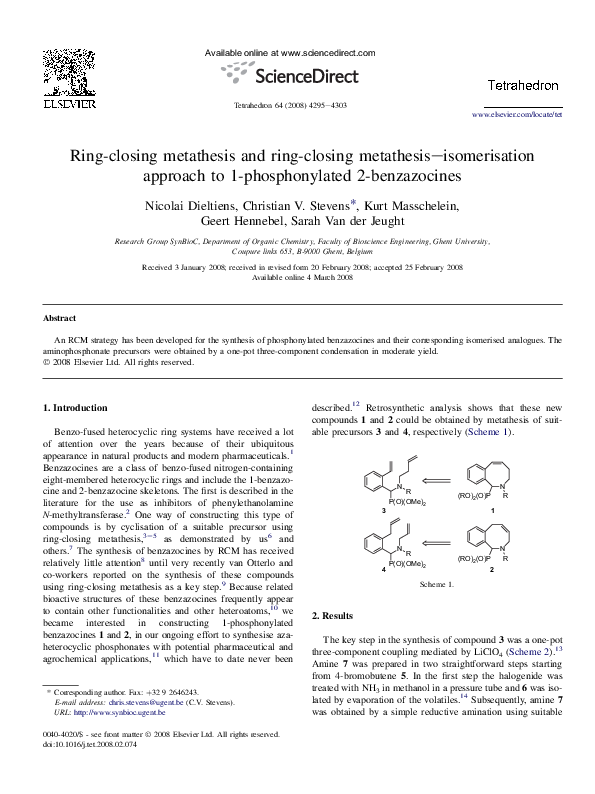 Pdf Ring Closing Metathesis And Ring Closing Metathesis Isomerisation Approach To 1