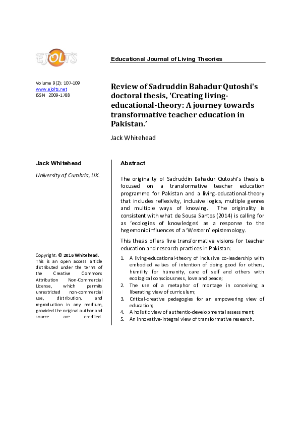 (PDF) Review of Sadruddin Bahadur Qutoshi's doctoral thesis, ‘Creating living-educational-theory ...