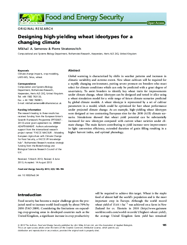 (PDF) Designing high‐yielding wheat ideotypes for a changing climate