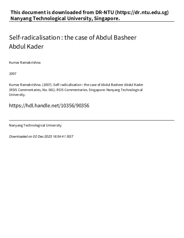 (PDF) Self-radicalisation : the case of Abdul Basheer Abdul Kader