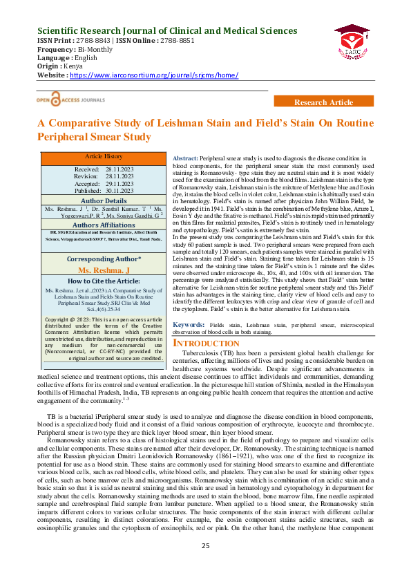 (PDF) A Comparative Study of Leishman Stain and Field's Stain On ...