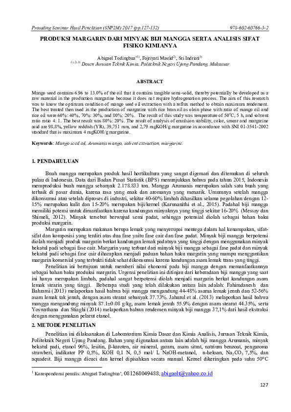 (PDF) Produksi Margarin Dari Minyak Biji Mangga Serta Analisis Sifat Fisiko Kimianya