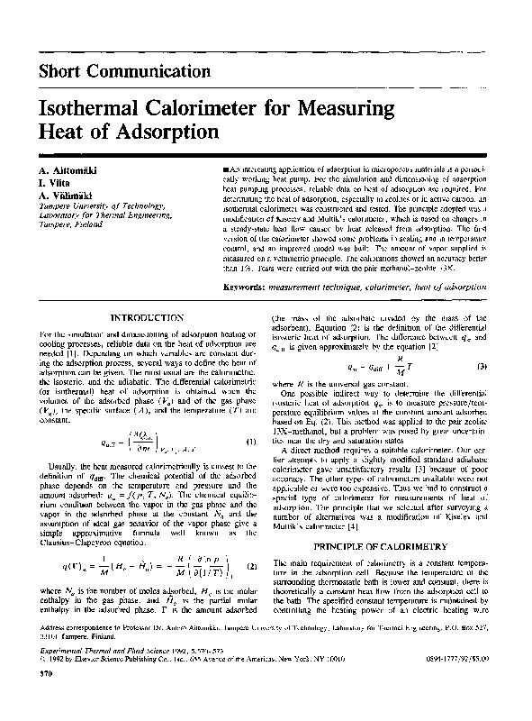 (PDF) Isothermal calorimeter for measuring heat of adsorption