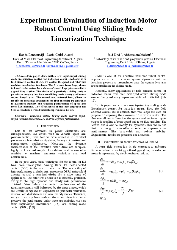 (PDF) Robust Control of Induction Motors via Sliding Mode Linearization