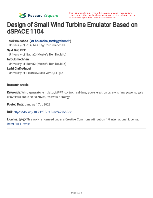 (PDF) Design of Small Wind Turbine Emulator Based on dSPACE 1104