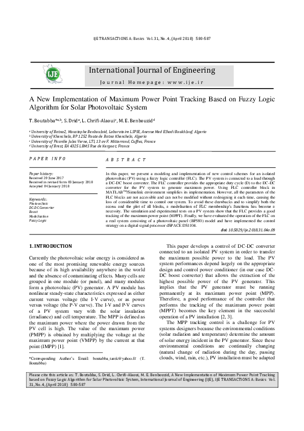 (PDF) A New Implementation of Maximum Power Point Tracking Based on Fuzzy Logic Algorithm for ...