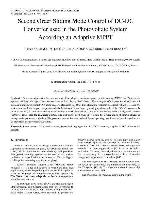 (PDF) Second Order Sliding Mode Control of DC-DC converter used in the Photovoltaic System ...