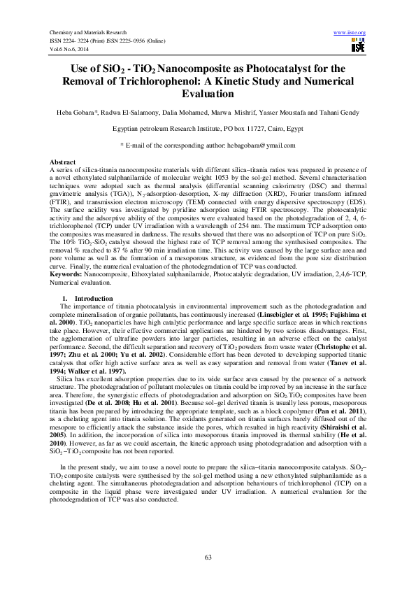 Use Of Sio2 Tio2 Nanocomposite As Photocatalyst For The Removal Of Trichlorophenol A Kinetic