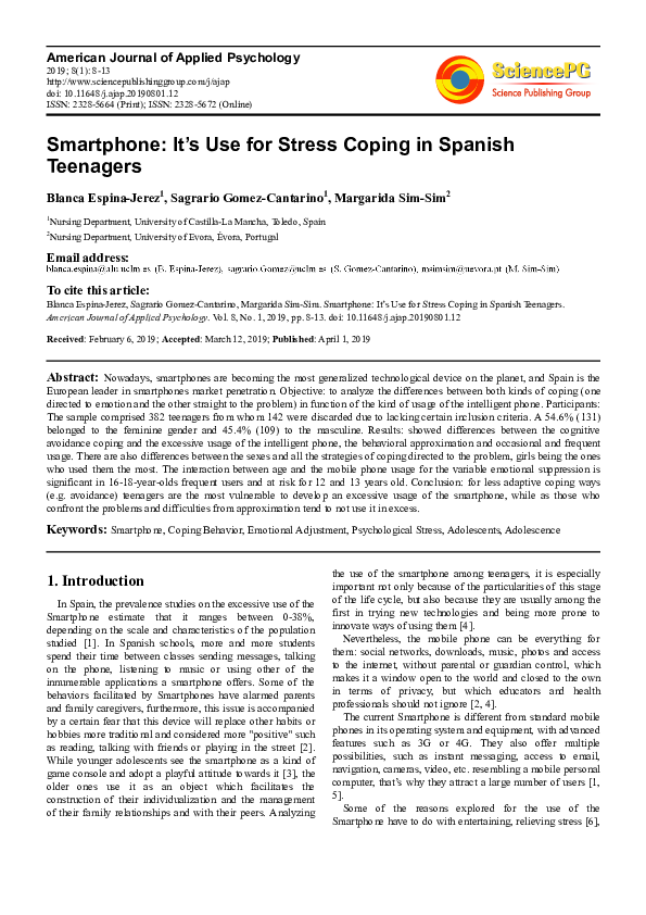 (PDF) Smartphone: It’s Use for Stress Coping in Spanish Teenagers