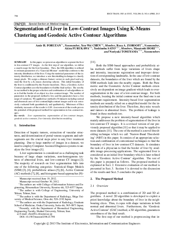 Pdf Segmentation Of Liver In Low Contrast Images Using K Means Clustering And A Priori
