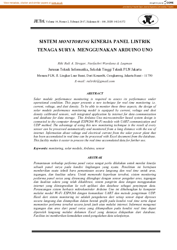 (PDF) Sistem Monitoring Kinerja Panel Listrik Tenaga Surya Menggunakan ...