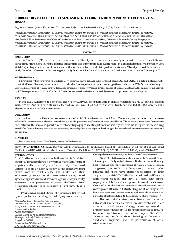 Pdf Correlation Of Left Atrial Size And Atrial Fibrillation In Rhd With Mitral Valve Disease