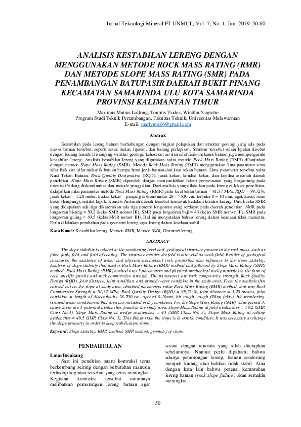 (PDF) Analisis Kestabilan Lereng Dengan Menggunakan Metode Rock Mass Rating (RMR) Dan Metode ...