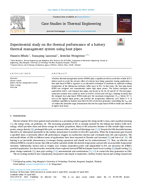 (PDF) Experimental study on the thermal performance of a battery thermal management system using ...