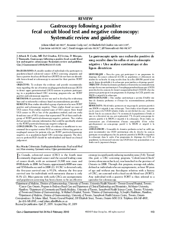 (PDF) Gastroscopy Following a Positive Fecal Occult Blood Test and ...