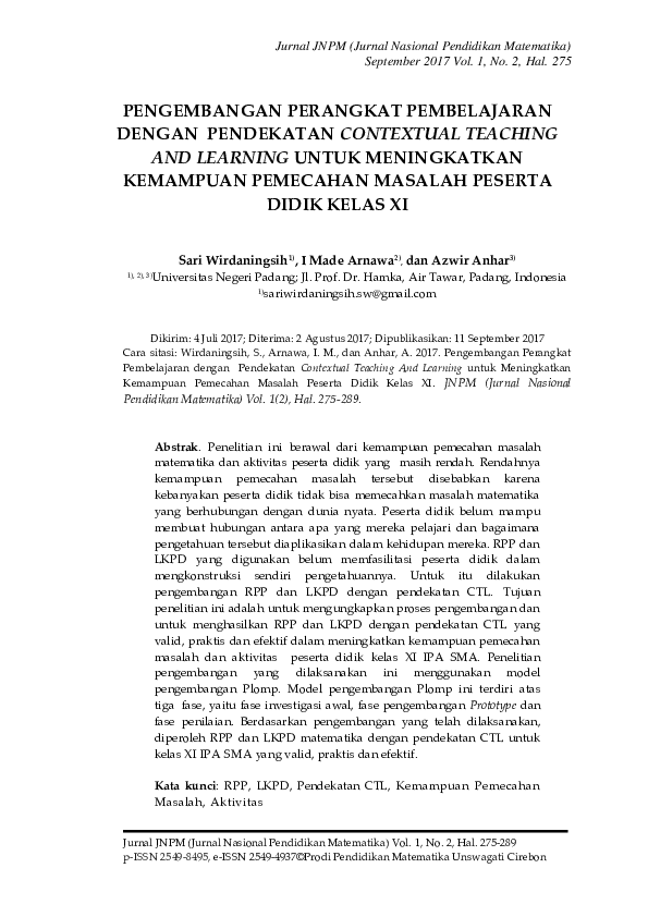 (PDF) Pengembangan Perangkat Pembelajaran Matematika dengan Pendekatan Contextual Teaching and ...