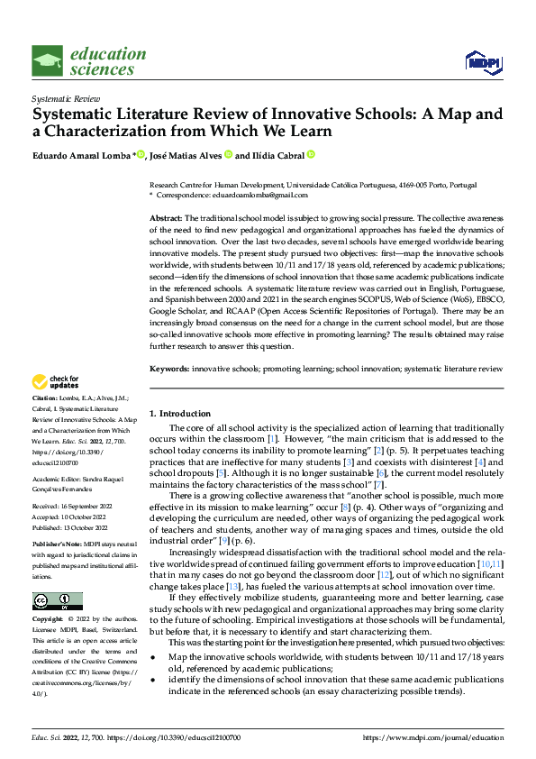(PDF) Systematic Literature Review of Innovative Schools: A Map and a Characterization from ...