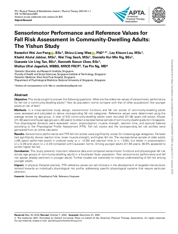 (PDF) Sensorimotor Performance and Reference Values for Fall Risk ...