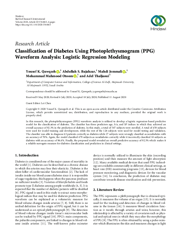 (PDF) Classification of Diabetes Using Photoplethysmogram (PPG ...