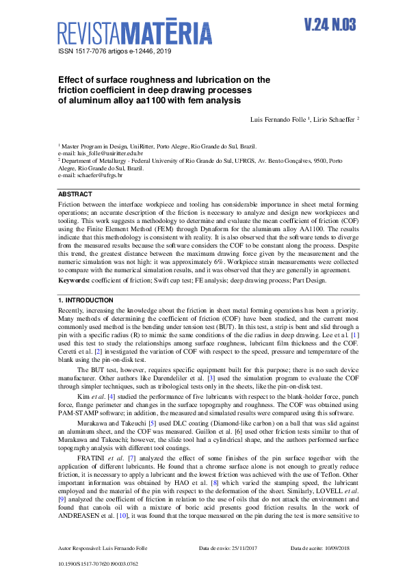 Pdf Effect Of Surface Roughness And Lubrication On The Friction Coefficient In Deep Drawing
