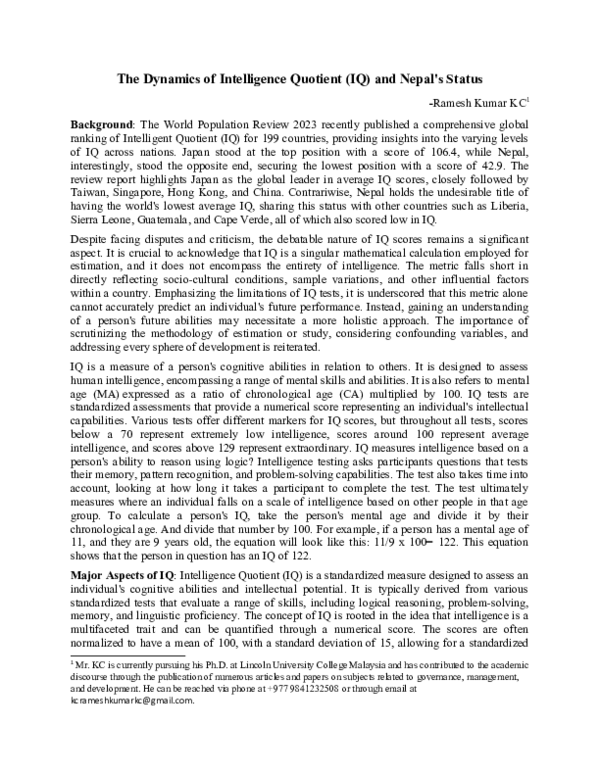 (DOC) The Dynamics of Intelligence Quotient (IQ) and Nepal's Status