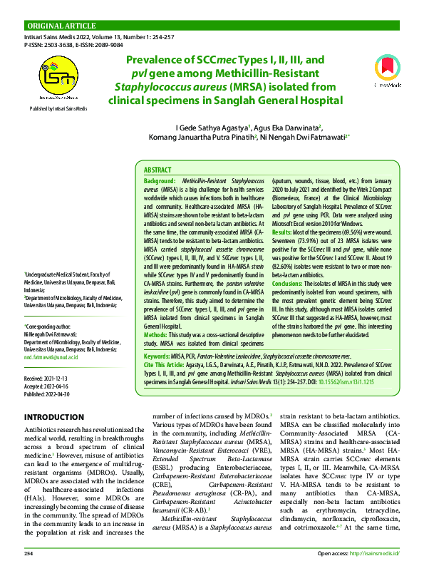 (PDF) Prevalence of SCCmec Types I, II, III, and pvl gene among ...
