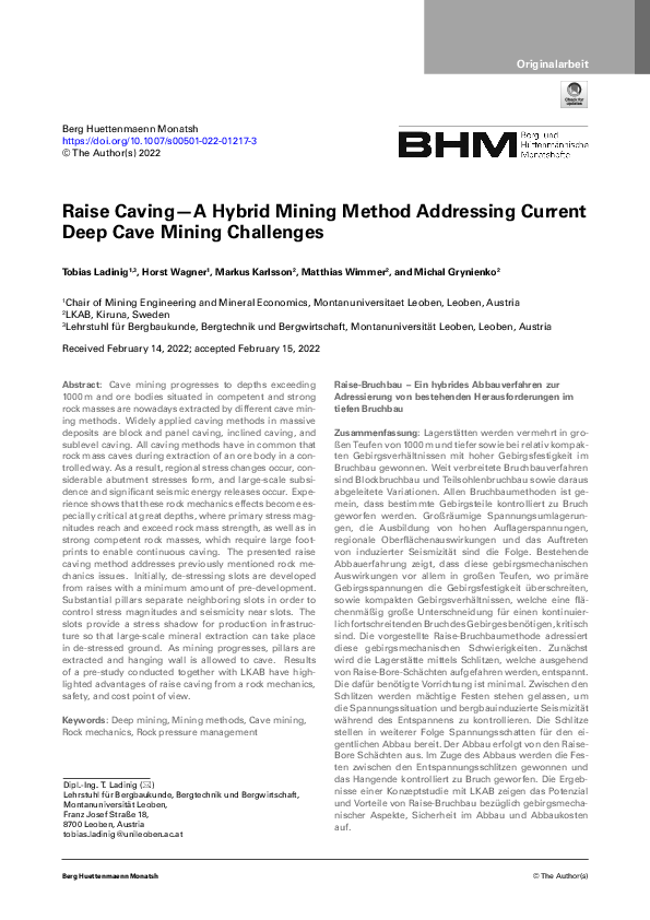 (PDF) Raise Caving—A Hybrid Mining Method Addressing Current Deep Cave ...