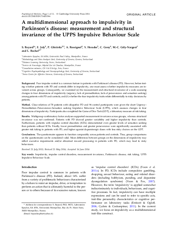 (PDF) A multidimensional approach to impulsivity in Parkinson's disease ...