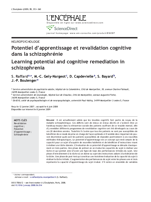 (PDF) Potentiel d’apprentissage et revalidation cognitive dans la schizophrénie | Marie ...