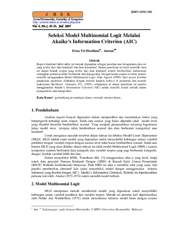 Pdf Seleksi Model Multinomial Logit Melalui Akaikes Information Criterion Aic