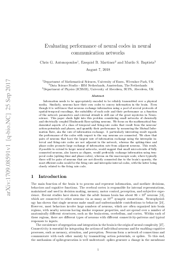 (PDF) Evaluating performance of neural codes in neural communication networks