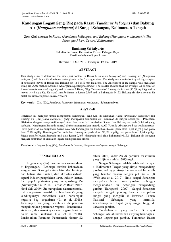(PDF) Kandungan logam seng (Zn) pada Rasau (Pandanus helicopus) dan Bakung Air (Hanguana ...