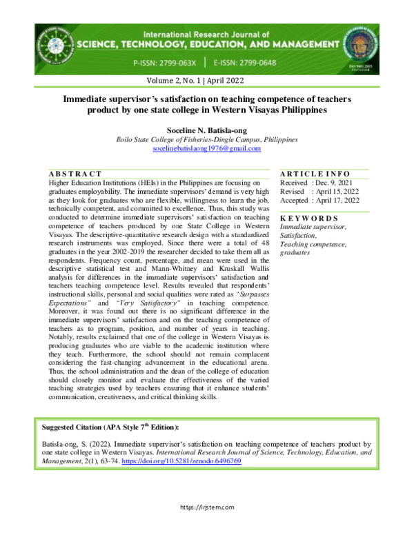 (PDF) Immediate supervisor's satisfaction on teaching competence of ...