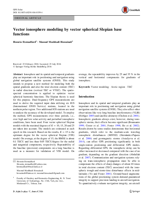 Pdf Vector Ionosphere Modeling By Vector Spherical Slepian Base Functions Hossein Etemadfard