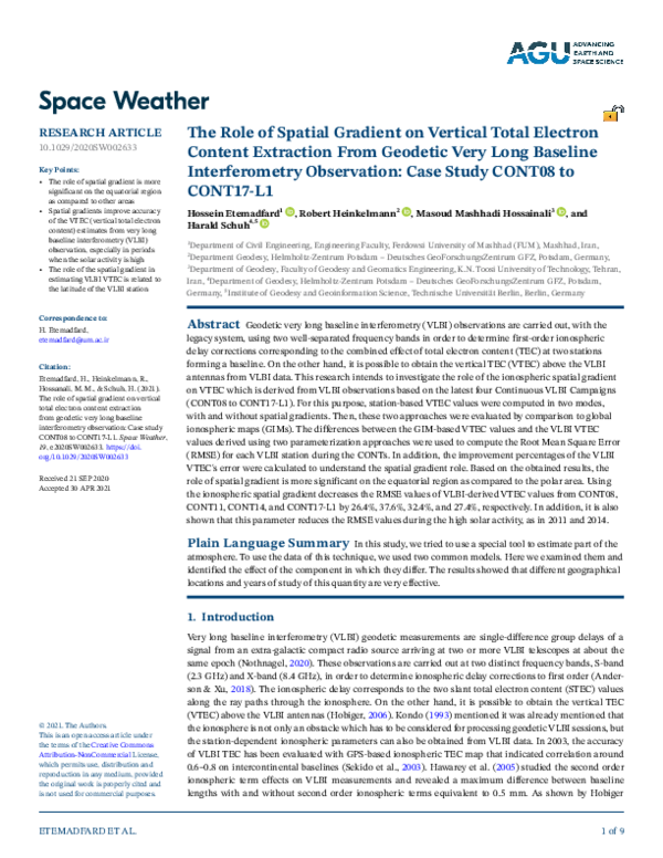 (PDF) The Role of Spatial Gradient on Vertical Total Electron Content Extraction From Geodetic ...