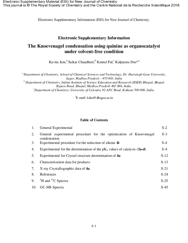 (PDF) The Knoevenagel condensation using quinine as an organocatalyst ...