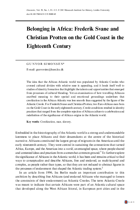 (PDF) Belonging in Africa: Frederik Svane and Christian Protten on the ...