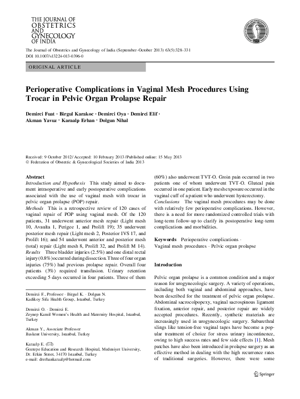 Pdf Perioperative Complications In Vaginal Mesh Procedures Using