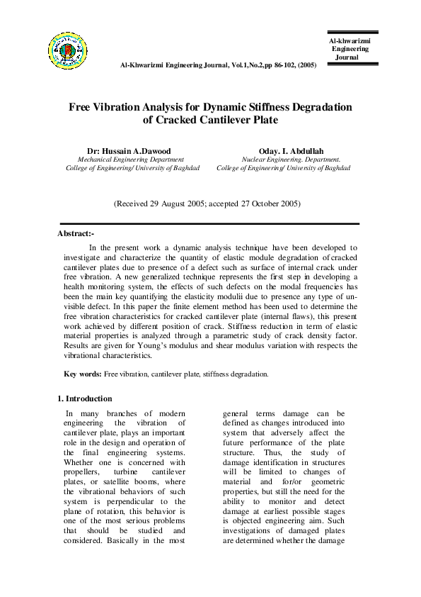 (PDF) Free Vibration Analysis for Dynamic Stiffness Degradation of Cracked Cantilever Plate