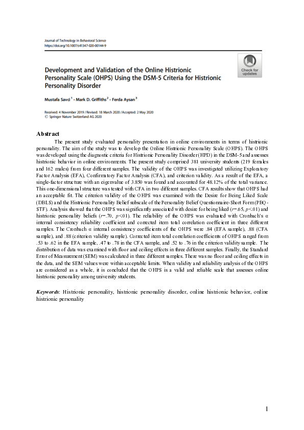 (PDF) Development and Validation of the Online Histrionic Personality Scale (OHPS) Using the DSM ...