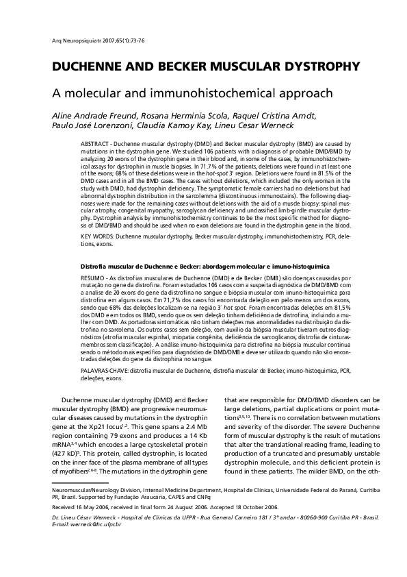 (PDF) Duchenne and Becker muscular dystrophy: a molecular and immunohistochemical approach