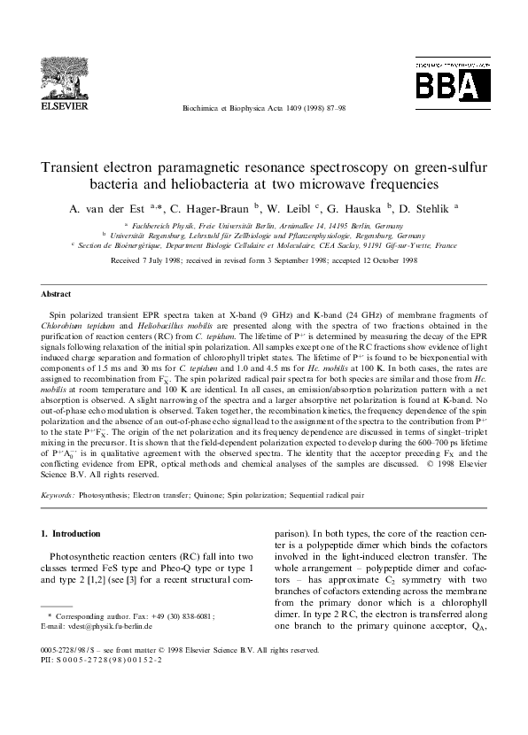 (PDF) Transient electron paramagnetic resonance spectroscopy on green ...