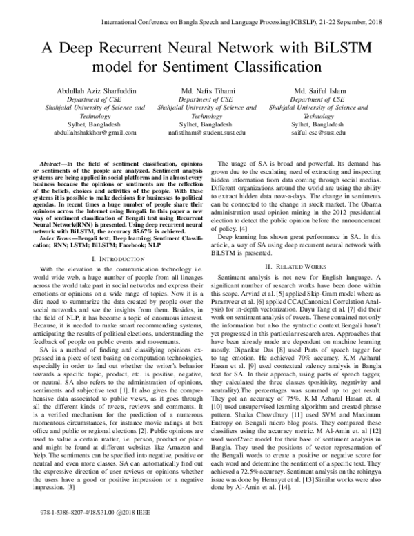 (PDF) A Deep Recurrent Neural Network with BiLSTM model for Sentiment ...
