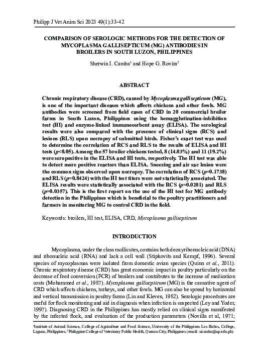 (PDF) COMPARISON OF SEROLOGIC METHODS FOR THE DETECTION OF MYCOPLASMA ...