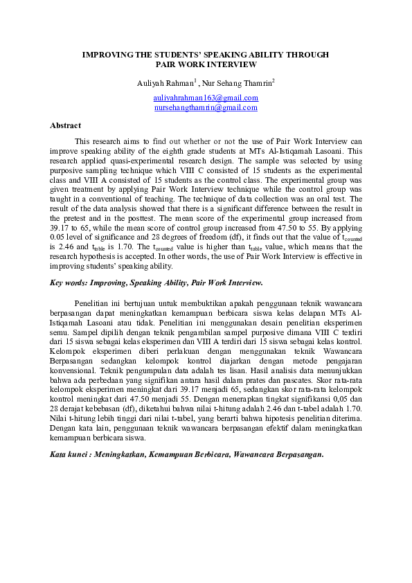 (PDF) Improving the Students’ Speaking Ability Through Pair Work Interview