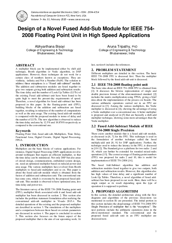 Pdf Design Of A Novel Fused Add Sub Module For Ieee 754 2008 Floating