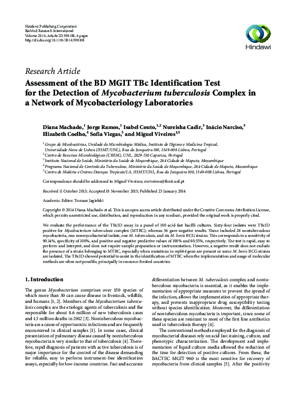 (PDF) Assessment of the BD MGIT TBc Identification Test for the ...