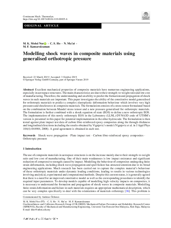 (PDF) Modelling shock waves in composite materials using generalised orthotropic pressure